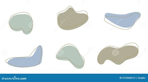 Set Of Organic Irregular Blob Shapes With Stroke Line Blue Gray Random Deform Spot Fluid Circle