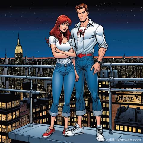Spider Man And Mary Jane In Nyc Rooftop Night Stable Diffusion Online