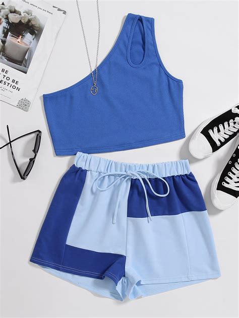 Cut Out One Shoulder Top And Colorblock Tie Front Shorts Cute Outfits
