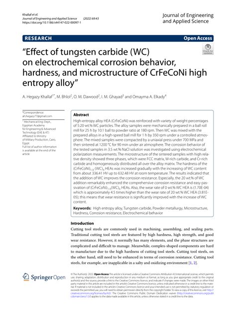 Pdf “effect Of Tungsten Carbide Wc On Electrochemical Corrosion Behavior Hardness And