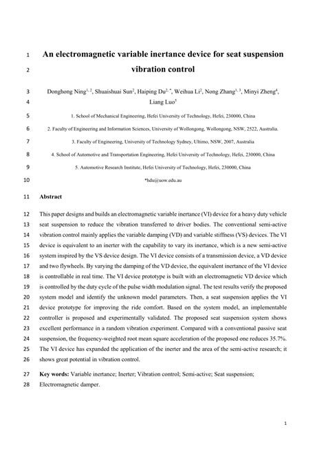 Pdf An Electromagnetic Variable Inertance Device For Seat Suspension Vibration Control