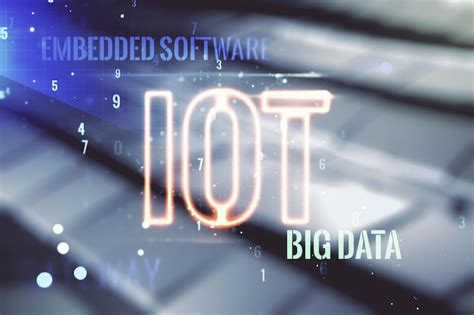사물 개념 다중 노출의 빛나는 금속 배경 인터넷에 있는 추상 가상 Iot 홀로그램 프리미엄 사진