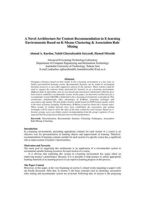Pdf A Novel Architecture For Content Recommendation In E Learning Environments Based On K