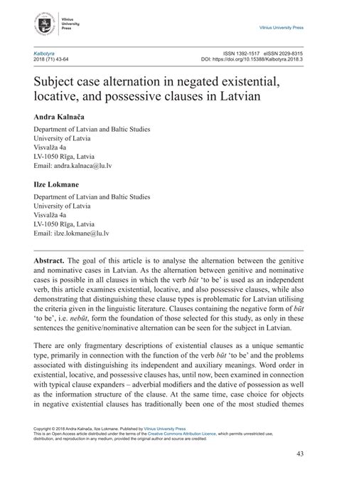 Pdf Subject Case Alternation In Negated Existential Locative And Possessive Clauses In Latvian