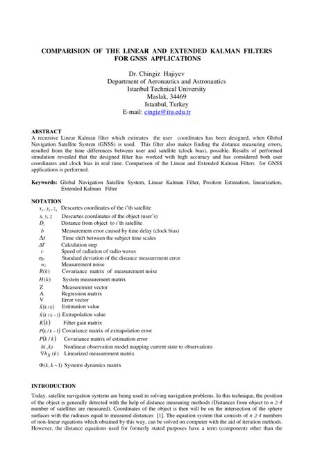 Pdf Comparision Of The Linear And Extended Kalman Filters For Gnss