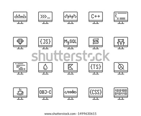 프로그래밍 언어 플랫 라인 아이콘 집합컴퓨터 스톡 벡터로열티 프리 1499630615