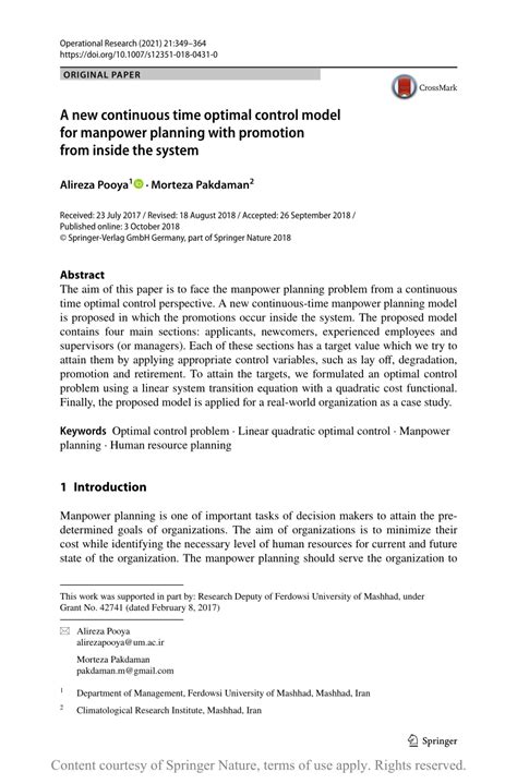 A New Continuous Time Optimal Control Model For Manpower Planning With