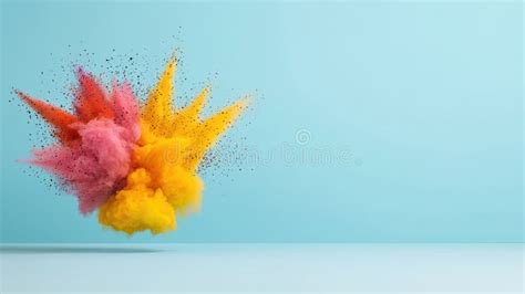 Colorful Powder Explosion In Vibrant Hues Against Blue Background Creating Dramatic Visual