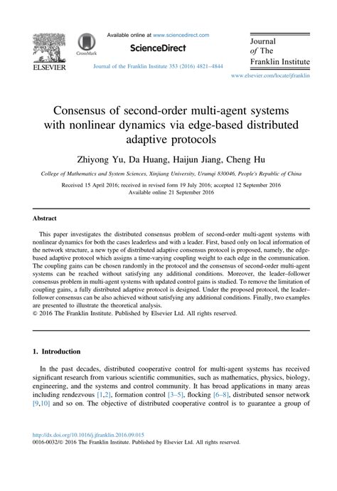 Pdf Consensus Of Second Order Multi Agent Systems With Nonlinear