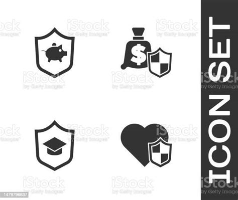 방패 돼지 저금통 졸업 모자 및 돈 아이콘으로 생명 보험을 설정하십시오 벡터 개념에 대한 스톡 벡터 아트 및 기타 이미지 개념 경제 교육 Istock