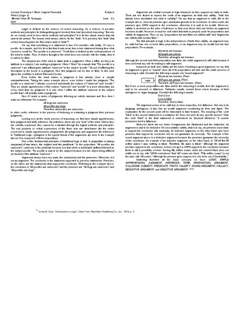 Lecture Summary I Basic Logical Concepts Subject Philo1 Logic 1 Michael Jhon M Tamayao June