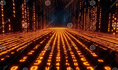 Digital Matrix Environment With Flowing Binary Code And Glowing Orange Numbers Stock Image