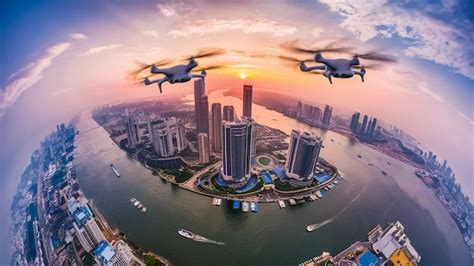 Premium Photo A Drone Flying Over A City With Buildings In The Background
