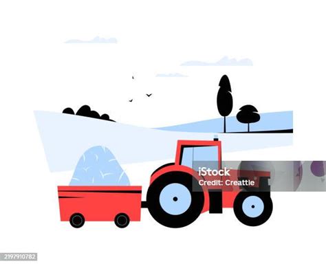 건조를 운반하는 트레일러와 빨간 트랙터 에서 농업 농업 및 수확을 상징하는 평면 벡터 일러스트 레이 션 흰색 배경에 고립 된 건초 식물에 대한 스톡 벡터 아트 및 기타