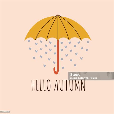 안녕하세요 가을입니다 하트 모양의 빗방울이 있는 우산 미니멀한 손으로 그린 엽서입니다 벡터 일러스트 레이 션입니다 가벼운에 대한