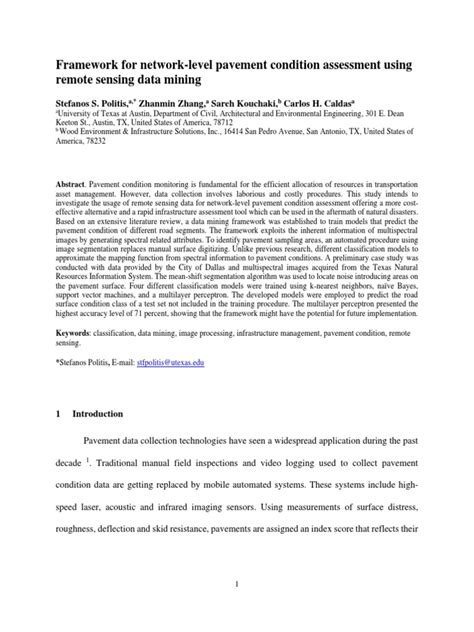 Framework For Network Level Pavement Condition Assessment Using Remote Sensing Data Mining Pdf
