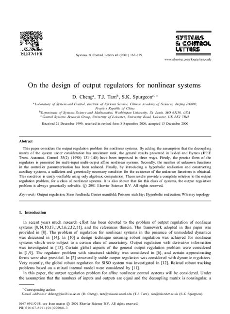Pdf On The Design Of Output Regulators For Nonlinear Systems