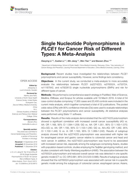 Pdf Single Nucleotide Polymorphisms In Plce1 For Cancer Risk Of