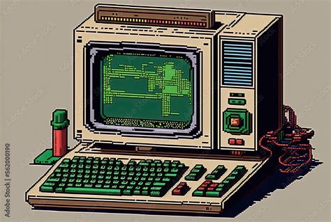Pixel Art Old Computer With Landscape Wallpaper Background In Retro