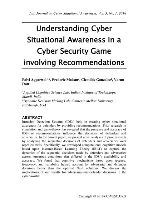 Pdf Understanding Cyber Situational Awareness In A Cyber Security Game Involving Recommendation
