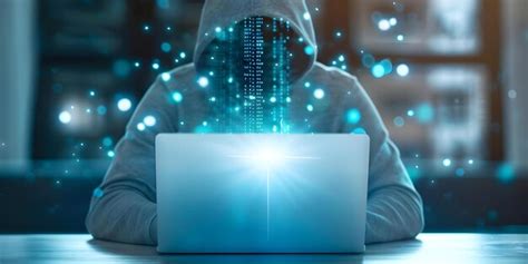 Cybersecurity Hacker In Hoodie With Laptop Projecting Source Code In