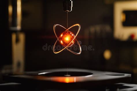Innovative Depiction Of Atomic Structure With Glowing Particles In A Laboratory Setting Stock