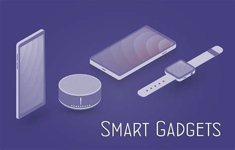스마트 가젯 무선 기술 사물 인터넷 현대 아이소메트릭 개념 클로즈업 3d 고립 된 디자인 스마트 폰 음성 비서 스피커 및 스마트 시계 피트니스 추적기 0명에 대한 스톡 벡터