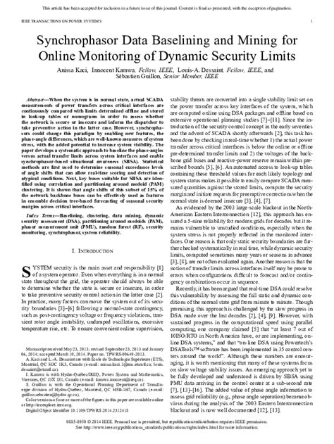Pdf Synchrophasor Data Baselining And Mining For Online Monitoring Of Dynamic Security Limits