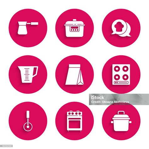 커피 원두 오븐 요리 냄비 가스 렌지 피자 나이프 계량 컵 요리사 모자 말풍선 및 커피 터크 아이콘의 세트 가방 벡터 Brand Name Online Messaging
