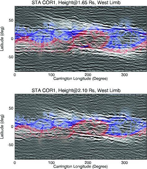 cor1 west limb carrington maps at 1 65 r e top panel and 2 10 r e