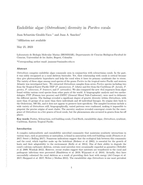 Pdf Endolithic Algae Ostreobium Diversity In Porites Corals