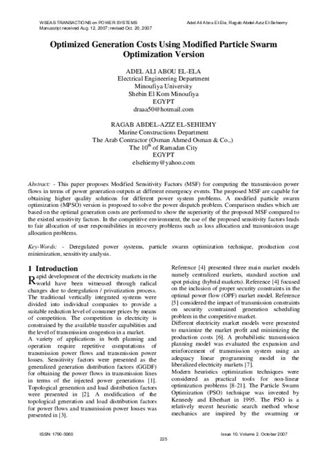 Pdf Optimized Generation Costs Using A Modified Particle Swarm