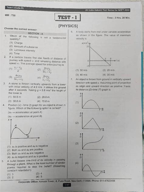 Test 1 Code D All India Aakash Test Series For Neet 2024 Mm 720 Choos