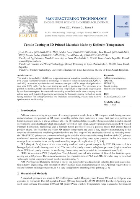 Pdf Tensile Testing Of 3d Printed Materials Made By Different Temperature