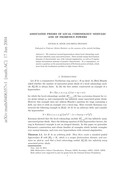 Pdf Associated Primes Of Local Cohomology Modules And Of Frobenius Powers