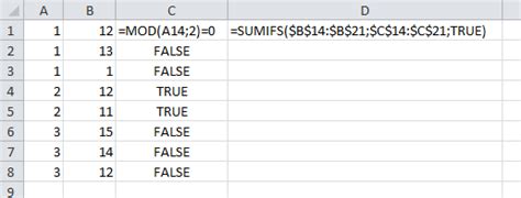 Excel Formula Sum Elements In Column A Where Column B Has An Even