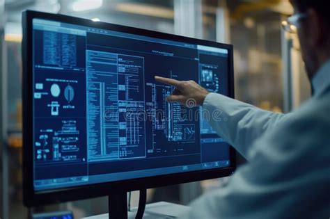 Industrial Engineer Analyzing Schematics And Data On Computer Screen In A Factory Stock