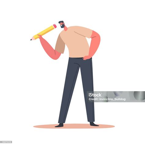 흰색 배경에 고립 된 거대한 연필과 남성 캐릭터 작가 사업가 비서 또는 예술가 직업 남자에 대한 스톡 벡터 아트 및 기타 이미지