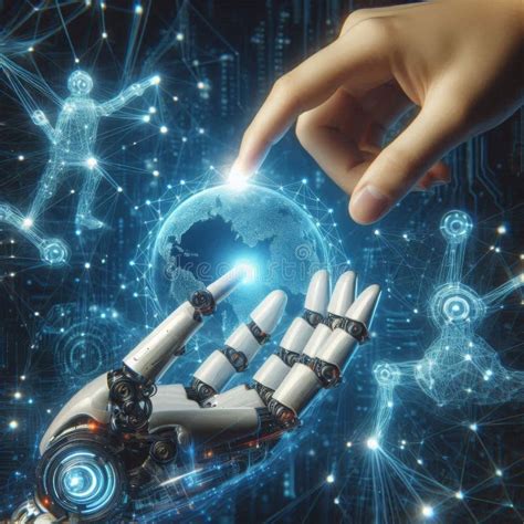 Hands Of Robot And Human Touching On Big Data Network Connection Background Stock Illustration