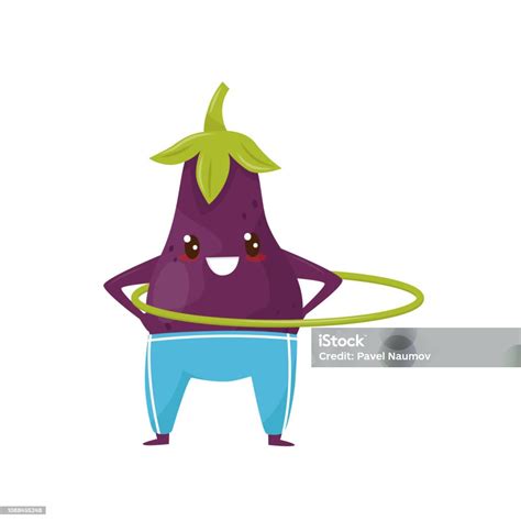 훌라 후프 좋아하는 야채 만화 캐릭터는 흰색 바탕에 피트 니스 운동 벡터 일러스트 레이 션을 하 고 회전 하는 재미 있는 가지 가지 채소에 대한 스톡 벡터 아트 및 기타
