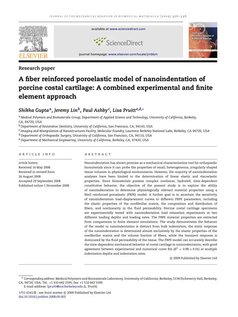 Pdf A Fiber Reinforced Poroelastic Model Of Nanoindentation Of Porcine Costal Cartilage A