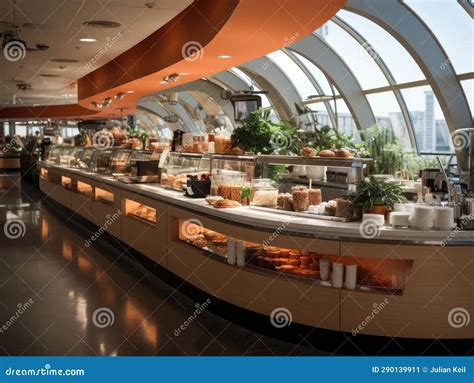 Futuristic Office Cafeteria With Automated Food Ordering And Robots Stock Illustration