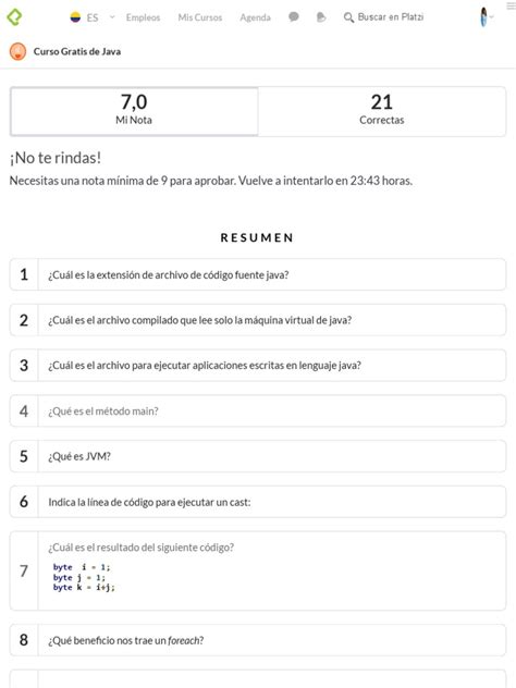 Resultado Del Examen Del Curso Gratis De Java Pdf Java Lenguaje De
