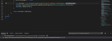 object tmp resourceimporterprovider gettmpsettings has the wrong return type in vs code