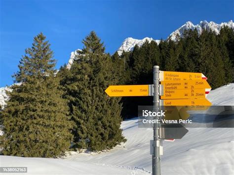 스위스 알프스의 알프슈타인 대산괴의 목가적인 겨울 분위기를 탐색하기 위한 표지판이 있는 하이킹 표지판 및 방향 표지판 스위스 슈베갈프 산길 0명에 대한 스톡 사진 및 기타