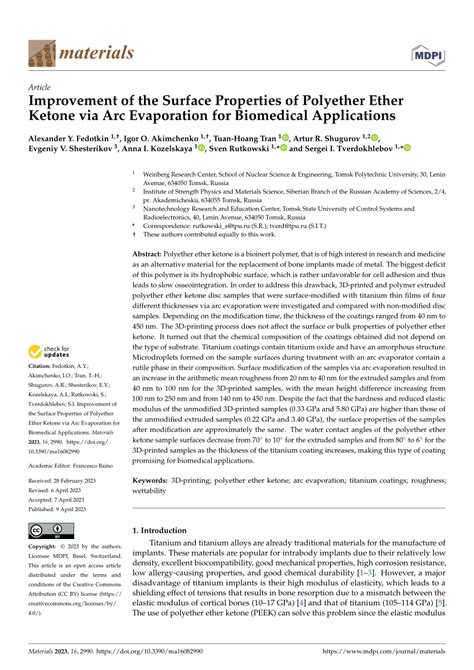 Pdf Improvement Of The Surface Properties Of Polyether Ether Ketone Via Arc Evaporation For