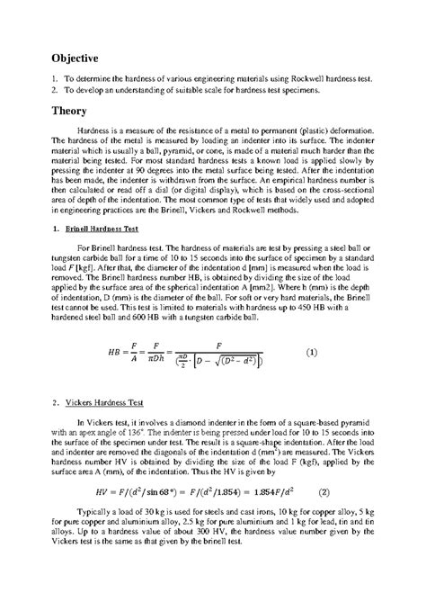 Hardness Test Lab Report Pdf Objective To Determine The Hardness Of Various