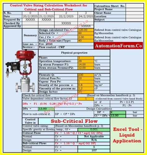 control valve sizing calculation worksheet for critical and sub