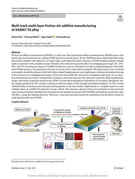 Multi Track Multi Layer Friction Stir Additive Manufacturing Of Aa6061 T6 Alloy Request Pdf