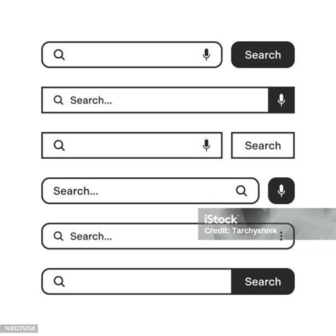 윤곽선 테두리가있는 다양한 검색 창 검색 상자 주소 표시 줄 및 텍스트 필드가있는 인터넷 브라우저 엔진 Ui 디자인 웹 사이트 인터페이스 요소 웹 아이콘 및 푸시 버튼 벡터